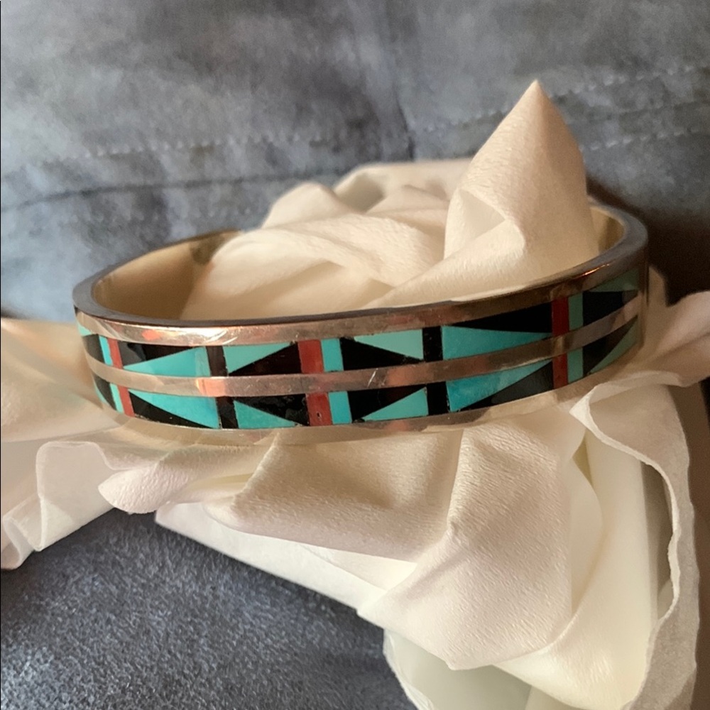 Turquoise, Coral And Onyx Southwest Indian Cuff Brace… - Gem
